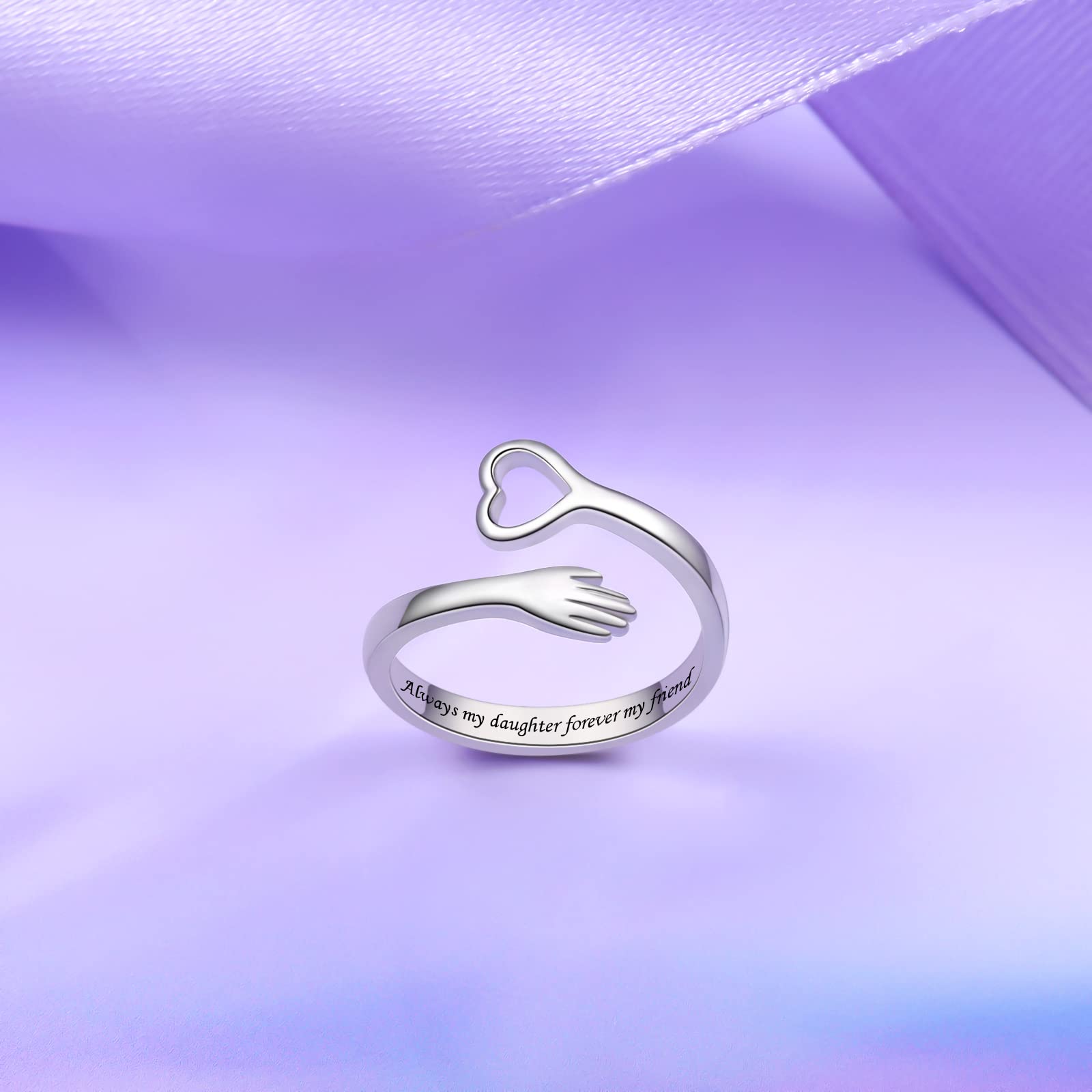 ACJFA I Love You Forever Love Heart Hug Ring Sterling Silver Women Mother Gift Sister Gifts Hugging Hands Adjustable Wrap Open Rings Friendship Jewelry Gift(Always my daughter forever my friend)