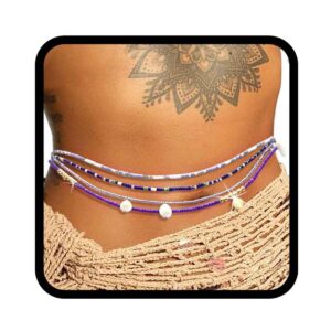 cosydays sequins waist bead belly chain multicolored seashell body beads african jewelry elastic beaded bikini chain for women and girls (purple)