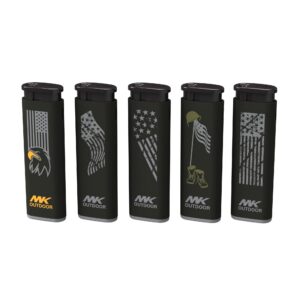 mk lighter outdoor series alpine set 5-pack assorted design multipurpose refillable, windproof flame, slip guard candle & bbq, prepping & camping supplies, survival lighters (freedom)