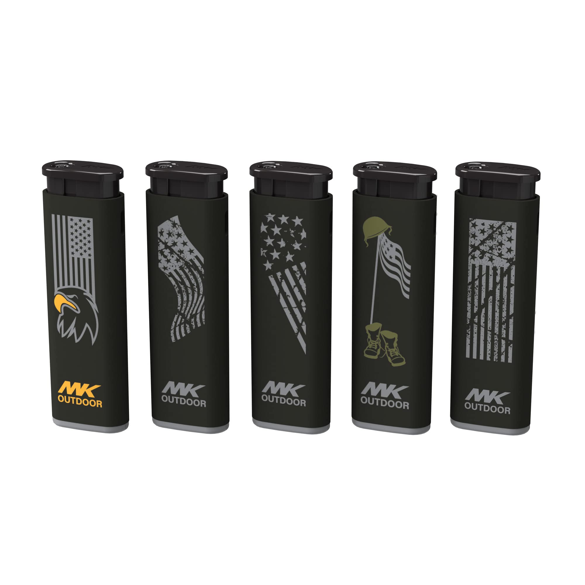 MK Lighter Outdoor Series Alpine Set 5-Pack Assorted Design Multipurpose Refillable, Windproof Flame, Slip guard Candle & BBQ, Prepping & Camping Supplies, Survival Lighters (FREEDOM)