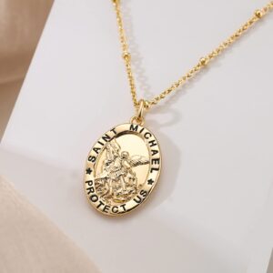 Saint Michael Pendant Necklace for Women St Michael Medal Chain The Archangel Protect Us Catholic First Communion Confirmation Protection Jewelry Gifts (Gold Michael)