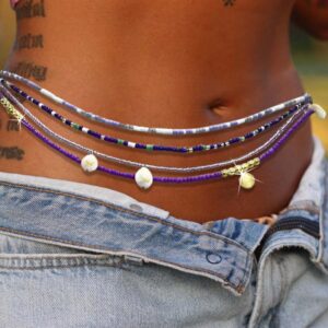 Cosydays Sequins Waist Bead Belly Chain Multicolored Seashell Body Beads African Jewelry Elastic Beaded Bikini Chain for Women and Girls (Purple)