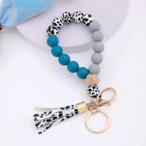 BAOSIWA Silicone Beaded Key Chain Bracelet Wristlet Keyring Turquoise Cow Bangle Keychains for Women with Leather Tassel