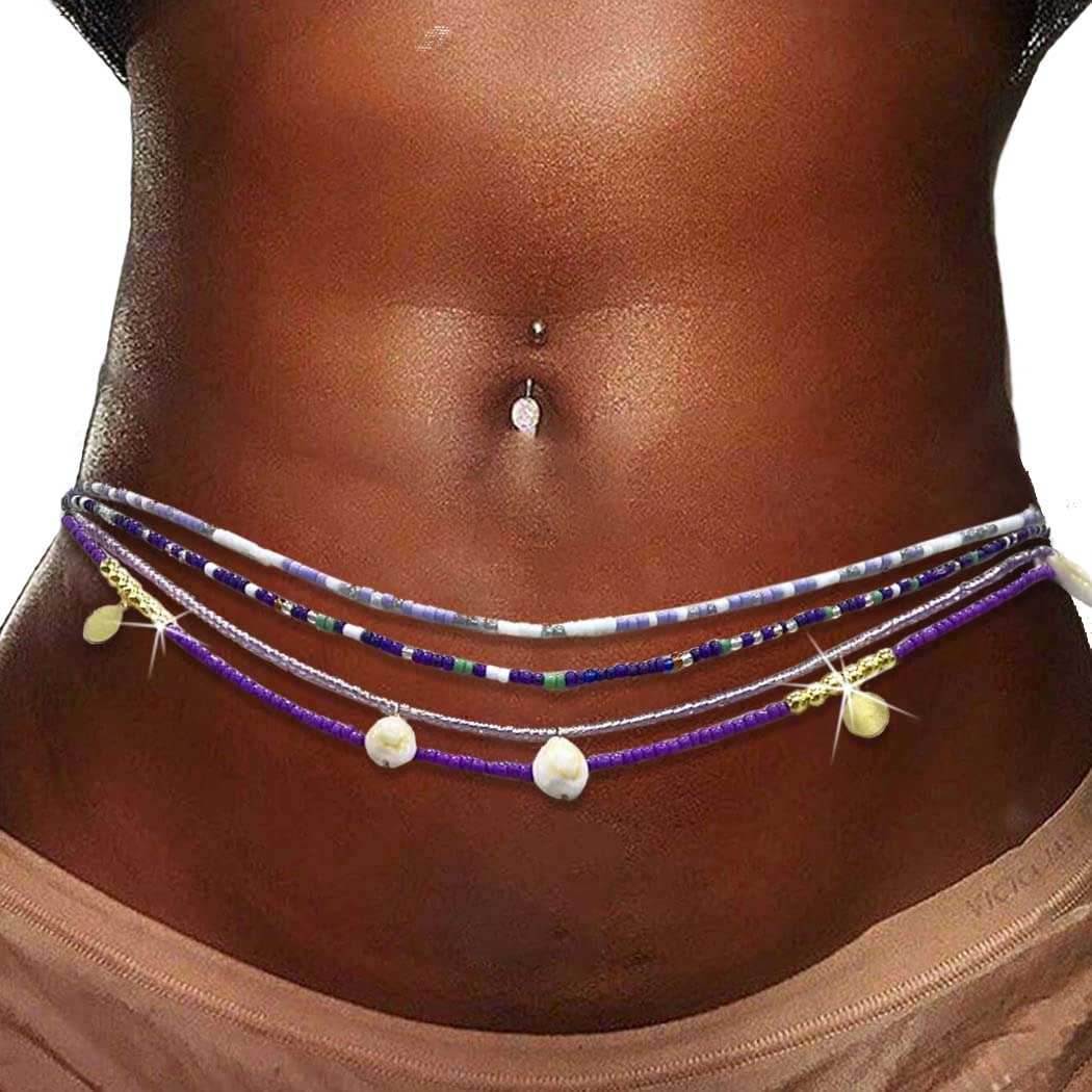 Cosydays Sequins Waist Bead Belly Chain Multicolored Seashell Body Beads African Jewelry Elastic Beaded Bikini Chain for Women and Girls (Purple)