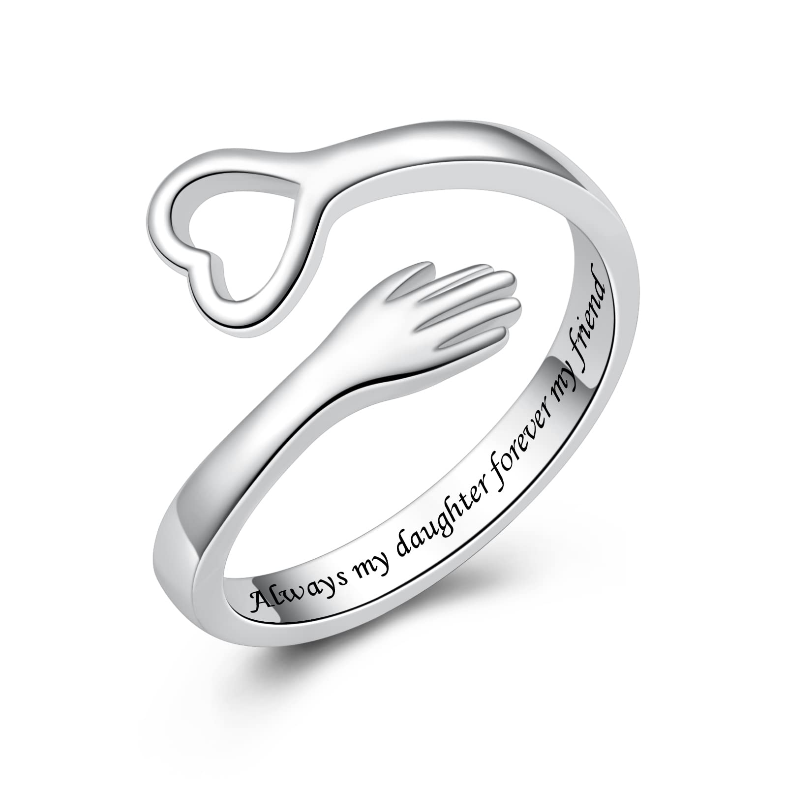 ACJFA I Love You Forever Love Heart Hug Ring Sterling Silver Women Mother Gift Sister Gifts Hugging Hands Adjustable Wrap Open Rings Friendship Jewelry Gift(Always my daughter forever my friend)