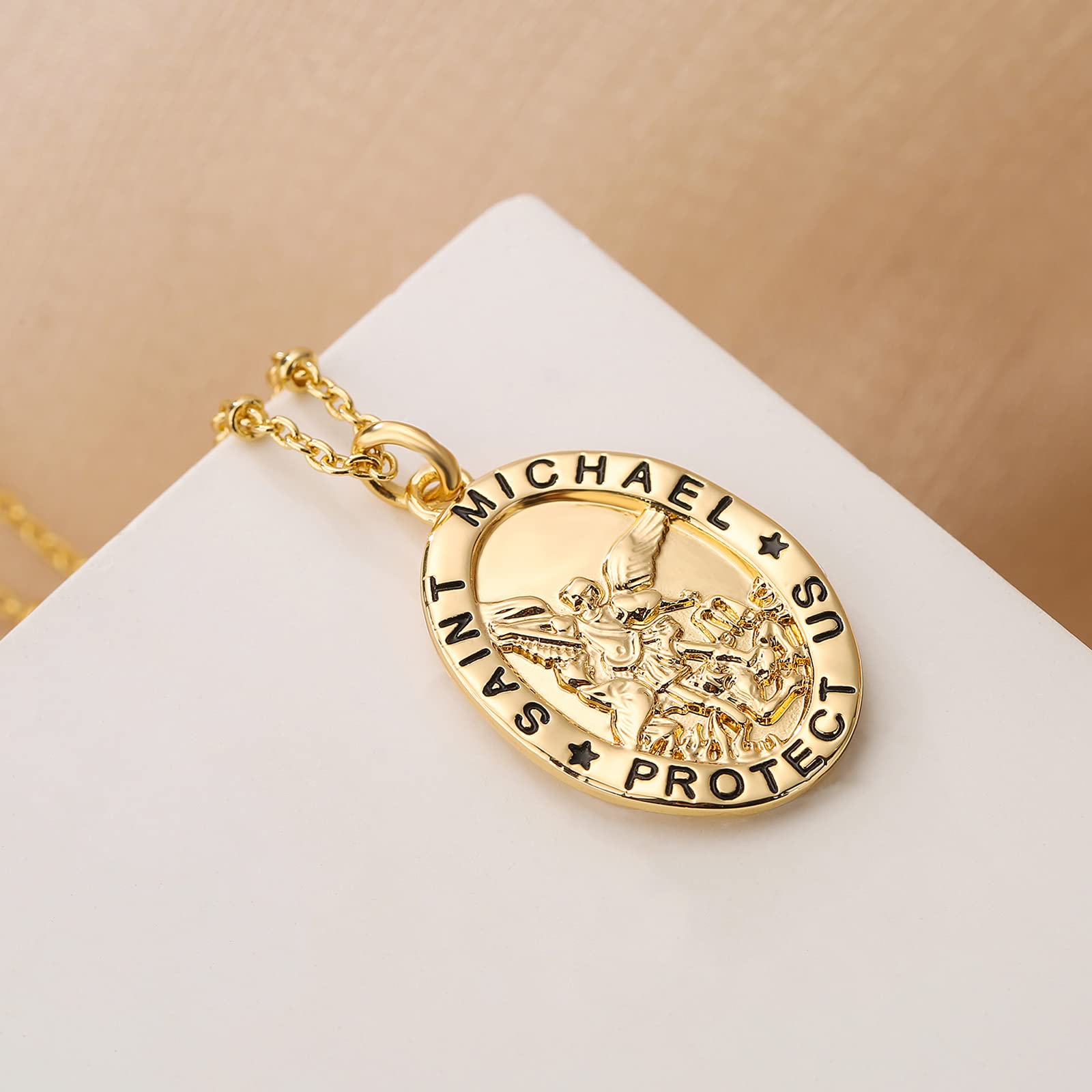 Saint Michael Pendant Necklace for Women St Michael Medal Chain The Archangel Protect Us Catholic First Communion Confirmation Protection Jewelry Gifts (Gold Michael)