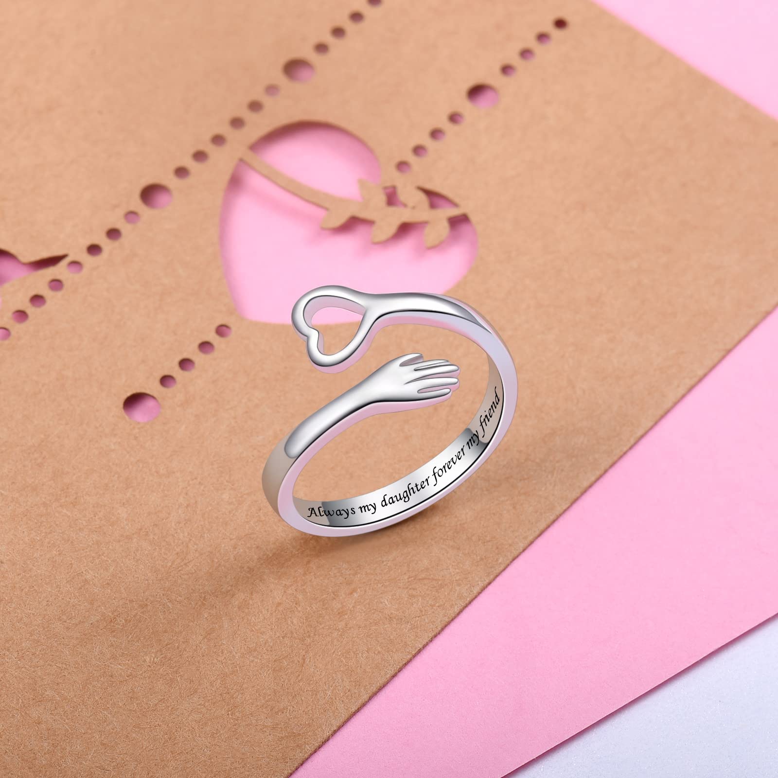 ACJFA I Love You Forever Love Heart Hug Ring Sterling Silver Women Mother Gift Sister Gifts Hugging Hands Adjustable Wrap Open Rings Friendship Jewelry Gift(Always my daughter forever my friend)