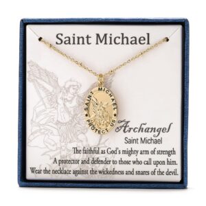 saint michael pendant necklace for women st michael medal chain the archangel protect us catholic first communion confirmation protection jewelry gifts (gold michael)