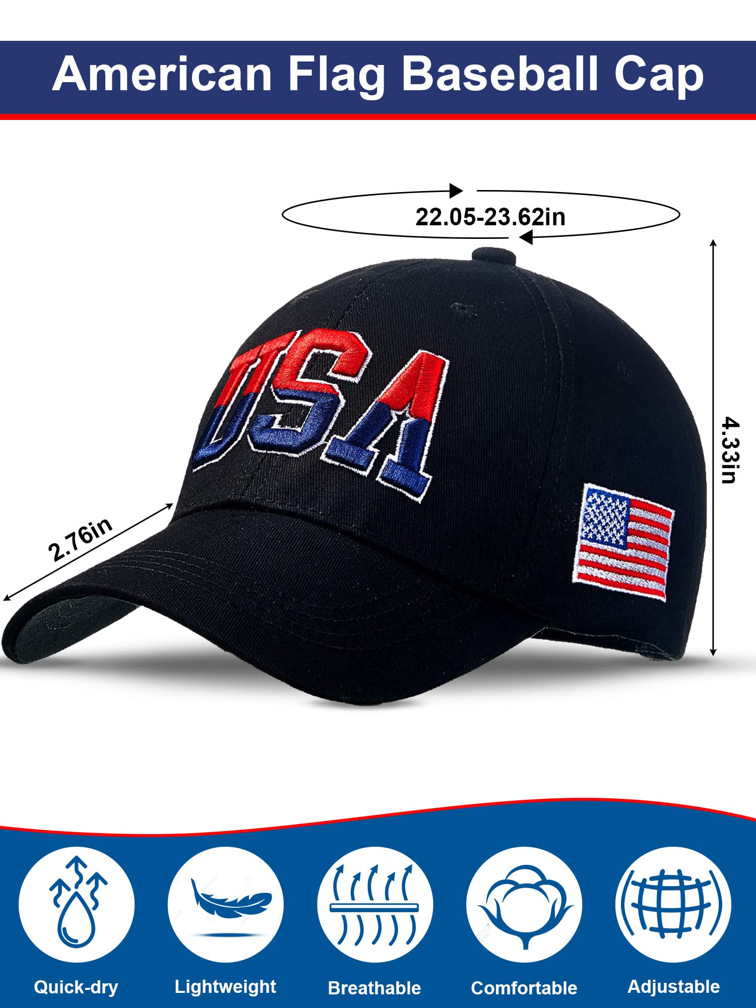 ROLVNHTV 4 Pieces USA Hats for Men American Flag Cap Adjustable Embroidered Patriotic Black Baseball Hat Trucker Hat for Men Women