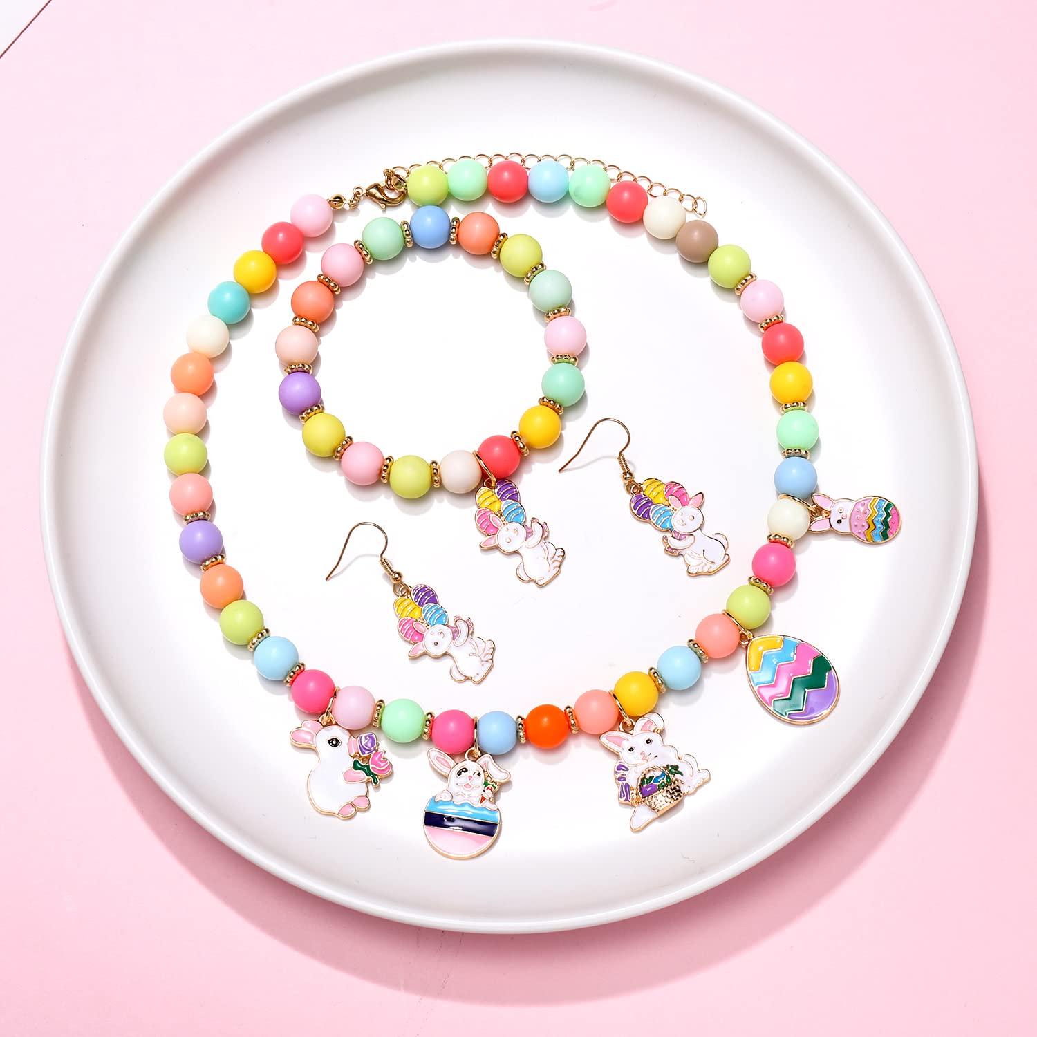 Rainbow Beads Bunny Egg Pendant Necklace and Bracelet for Women Girls, Colorful Beaded Stretch Bracelet, Cute Enamel Rabbit Drop Earrings, Little Girls Jewelry Sets, Holiday Favors Gift for Girls,