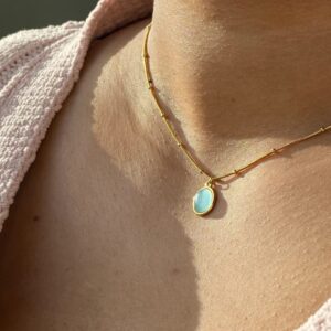 Moonffay Green Created Opal Stone Pendant Gold Necklace for Women,Charm Plated 18k Gold Stainless Steel Snake Chain Non Tarnish Choker Necklaces Woman Jewelry