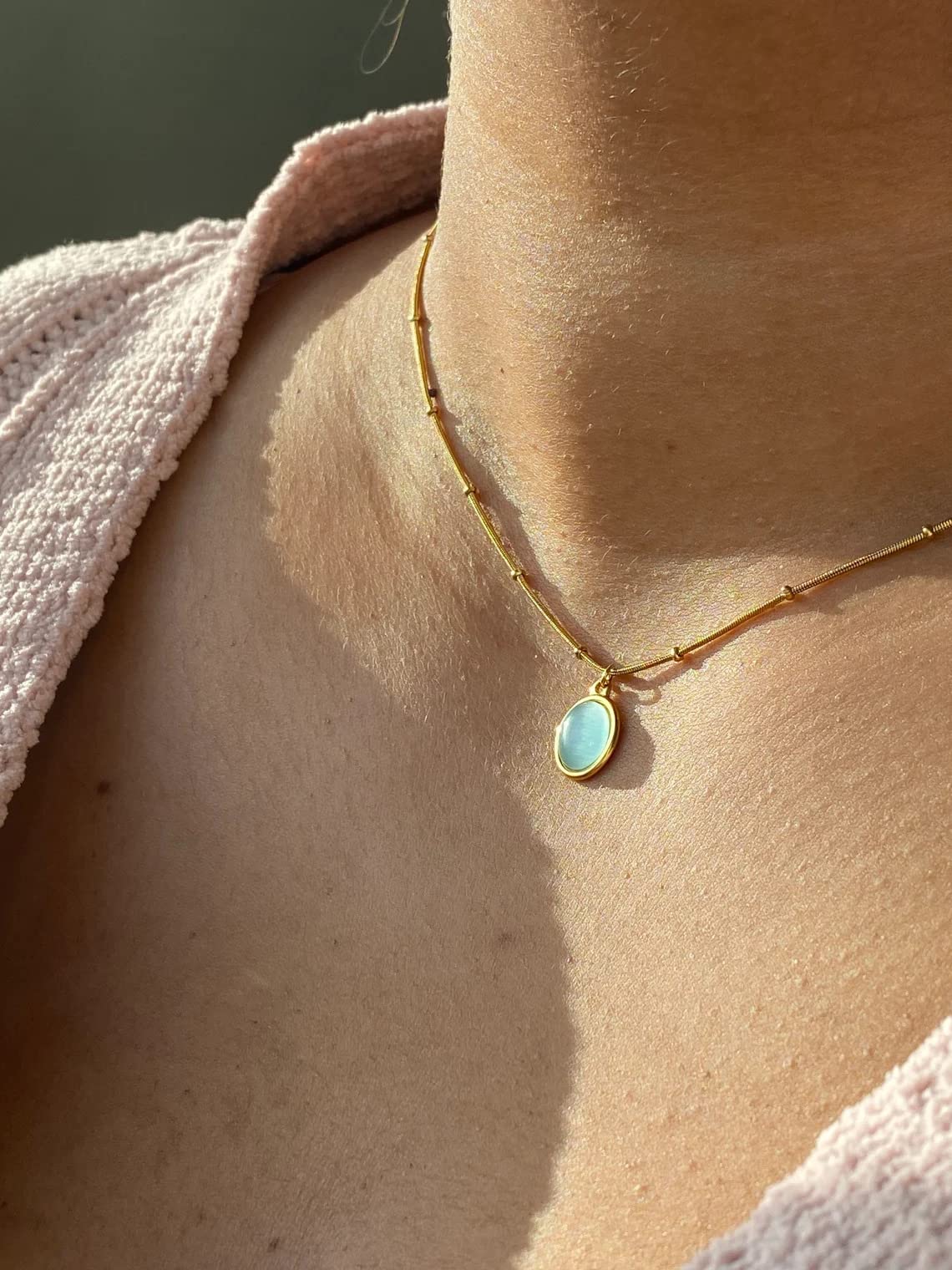 Moonffay Green Created Opal Stone Pendant Gold Necklace for Women,Charm Plated 18k Gold Stainless Steel Snake Chain Non Tarnish Choker Necklaces Woman Jewelry