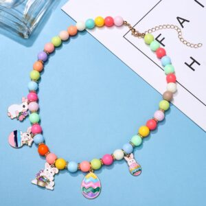 Rainbow Beads Bunny Egg Pendant Necklace and Bracelet for Women Girls, Colorful Beaded Stretch Bracelet, Cute Enamel Rabbit Drop Earrings, Little Girls Jewelry Sets, Holiday Favors Gift for Girls,