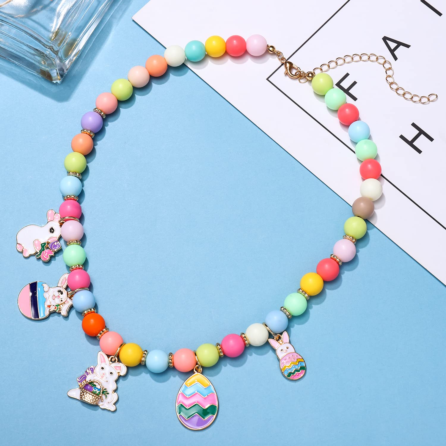 Rainbow Beads Bunny Egg Pendant Necklace and Bracelet for Women Girls, Colorful Beaded Stretch Bracelet, Cute Enamel Rabbit Drop Earrings, Little Girls Jewelry Sets, Holiday Favors Gift for Girls,