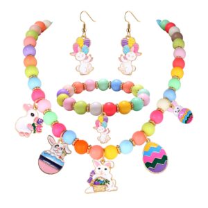 rainbow beads bunny egg pendant necklace and bracelet for women girls, colorful beaded stretch bracelet, cute enamel rabbit drop earrings, little girls jewelry sets, holiday favors gift for girls,