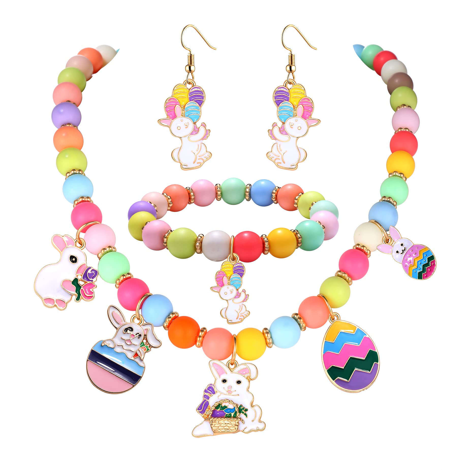 Rainbow Beads Bunny Egg Pendant Necklace and Bracelet for Women Girls, Colorful Beaded Stretch Bracelet, Cute Enamel Rabbit Drop Earrings, Little Girls Jewelry Sets, Holiday Favors Gift for Girls,