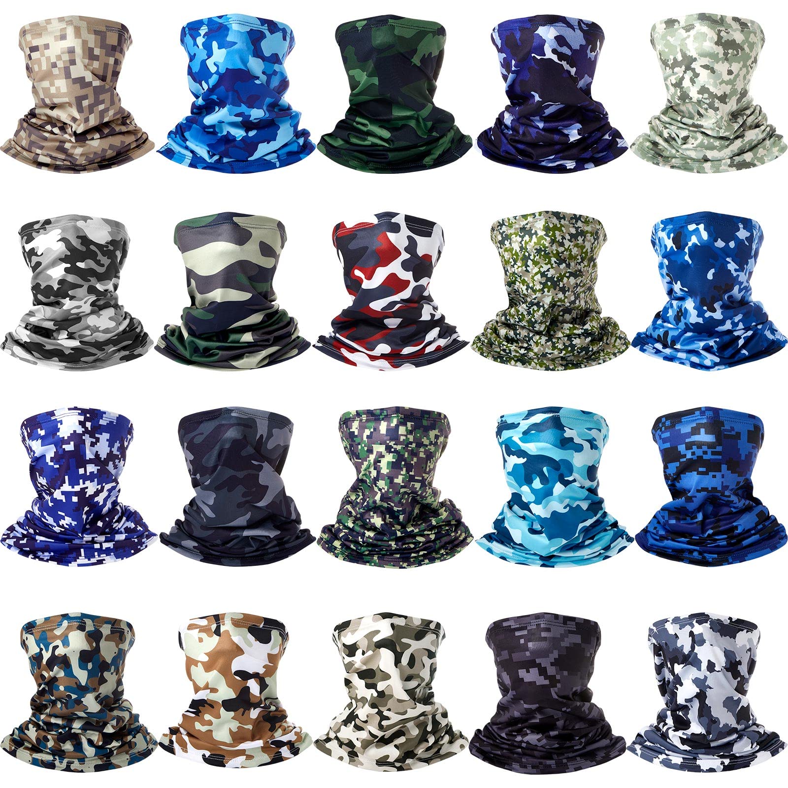 Tarpop 20 Pcs Headwear Seamless Bandana Face Masks, Head Wrap Neck Bandana, Breathable Face Cover Scarf Mask (Camo Style)