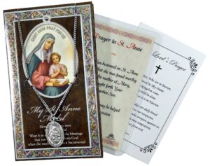 saint anne medallion with st anne prayer card, lord's prayer card | st anne medal necklace jewelry | catholic patron saint of unmarried women, mothers, grandmothers themed set, total 3 items