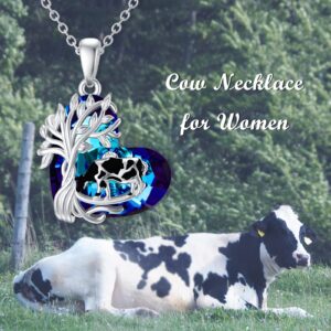 TOUPOP Cow Necklace s925 Sterling Silver Tree of Life Necklaces with Blue Circle Crystal Cow Lovers Gifts Birthday Jewelry Gifts for Women