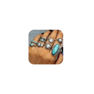 octwine 8 pcs bohemian silver statement knuckle carved rings set oval green turquoise finger ring opal midi silver rings punk ring jewelry for women