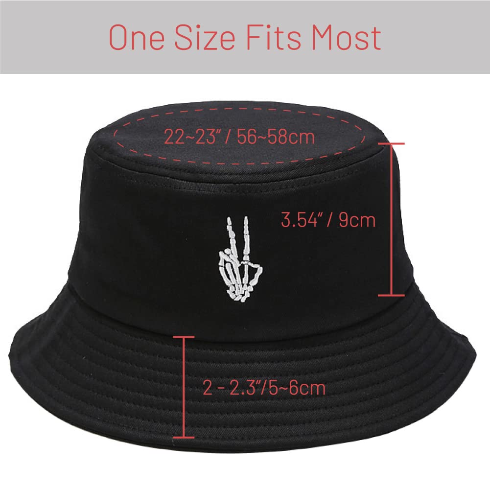 Cotton Bucket Hat for Women Men Summer Travel Sun Beach Bucket Cap, Unisex Outdoor Fisherman Hat (Skeleton Fingers Black)