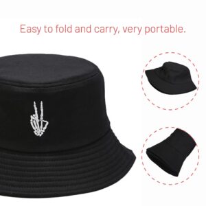 Cotton Bucket Hat for Women Men Summer Travel Sun Beach Bucket Cap, Unisex Outdoor Fisherman Hat (Skeleton Fingers Black)