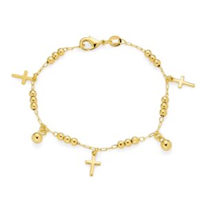 christian religious spiritual beads bells dangle charm multi cross bracelet for women teens 18k gold plated brass 7.5 inch