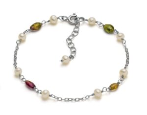 stylish white freshwater cultured pearl tin cup bracelet 4-5mm aaa quality with multicolor topaz in sterling silver, 7"-8" - premiumpearl