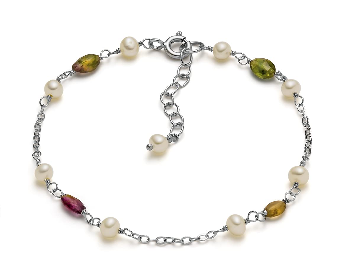 Stylish White Freshwater Cultured Pearl Tin Cup bracelet 4-5mm AAA Quality with Multicolor Topaz in Sterling Silver, 7"-8" - PremiumPearl