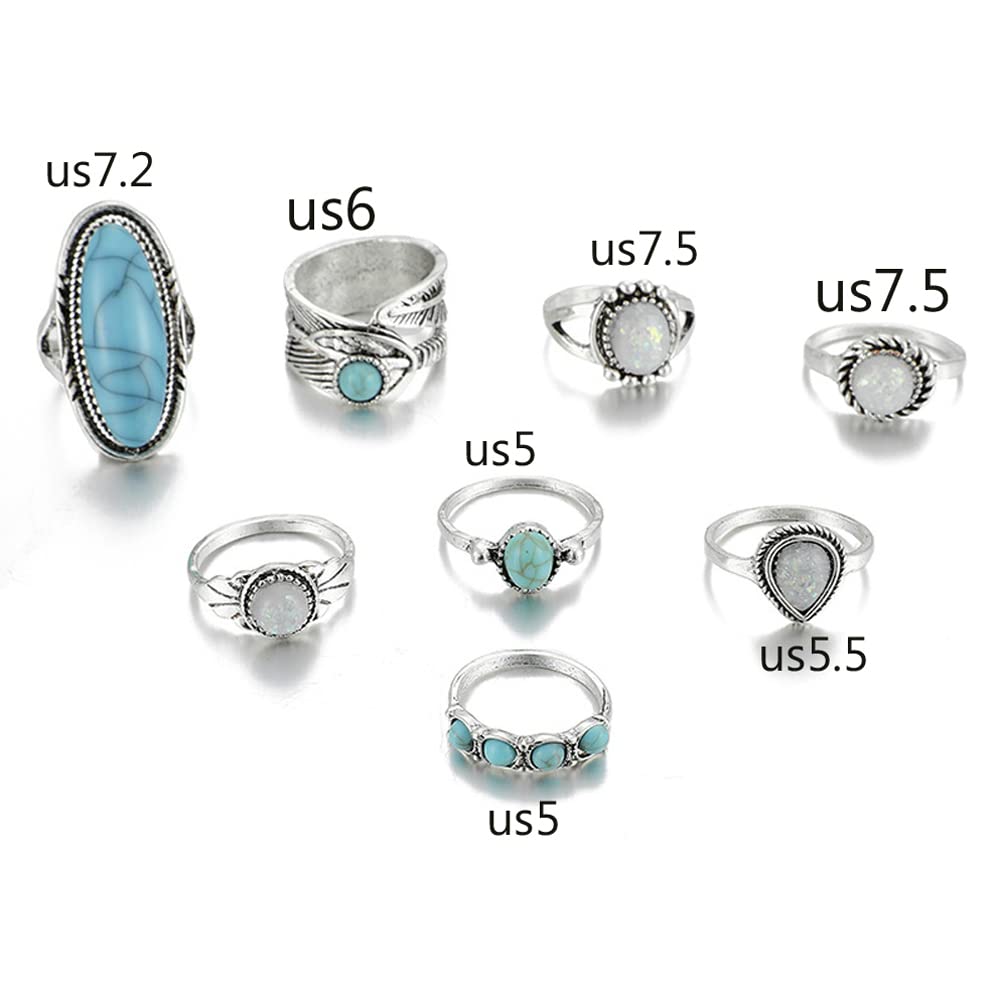 Octwine 8 Pcs Bohemian Silver Statement Knuckle Carved Rings Set Oval Green Turquoise Finger Ring Opal Midi Silver Rings Punk Ring Jewelry for Women