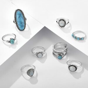 Octwine 8 Pcs Bohemian Silver Statement Knuckle Carved Rings Set Oval Green Turquoise Finger Ring Opal Midi Silver Rings Punk Ring Jewelry for Women