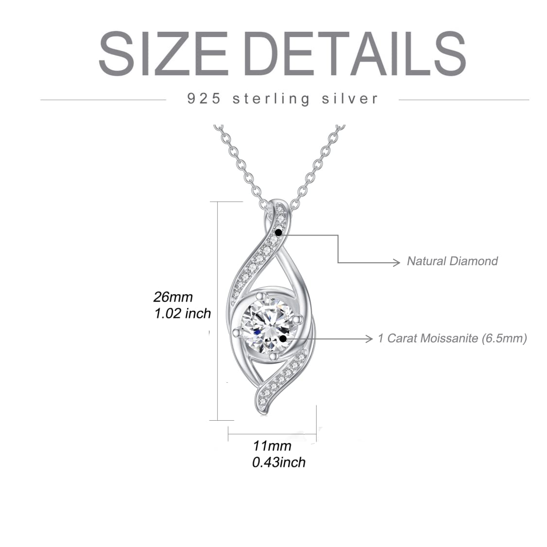 SISGEM Diamond Infinity Necklace Sterling Silver for Women,1 carat Moissanite Infinity Pendant Necklace S925 Natural Diamond Jewelry Gifts for Birthday Anniversary Christmas 18+2 inch