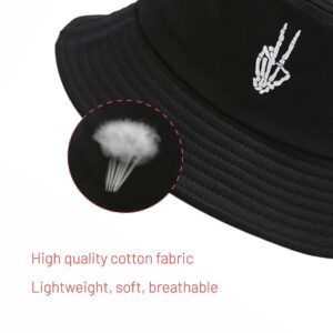 Cotton Bucket Hat for Women Men Summer Travel Sun Beach Bucket Cap, Unisex Outdoor Fisherman Hat (Skeleton Fingers Black)