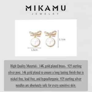 MIKAMU 14K Gold Ribbon Bow Stud Earrings for Women CZ cubic zirconia Dainty Gold Plated Pearl Earring for Women Jewelry Birthday Gifts for (gold)