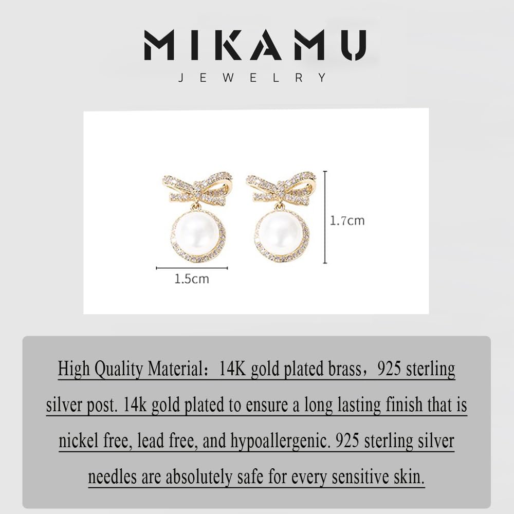 MIKAMU 14K Gold Ribbon Bow Stud Earrings for Women CZ cubic zirconia Dainty Gold Plated Pearl Earring for Women Jewelry Birthday Gifts for (gold)