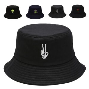 cotton bucket hat for women men summer travel sun beach bucket cap, unisex outdoor fisherman hat (skeleton fingers black)