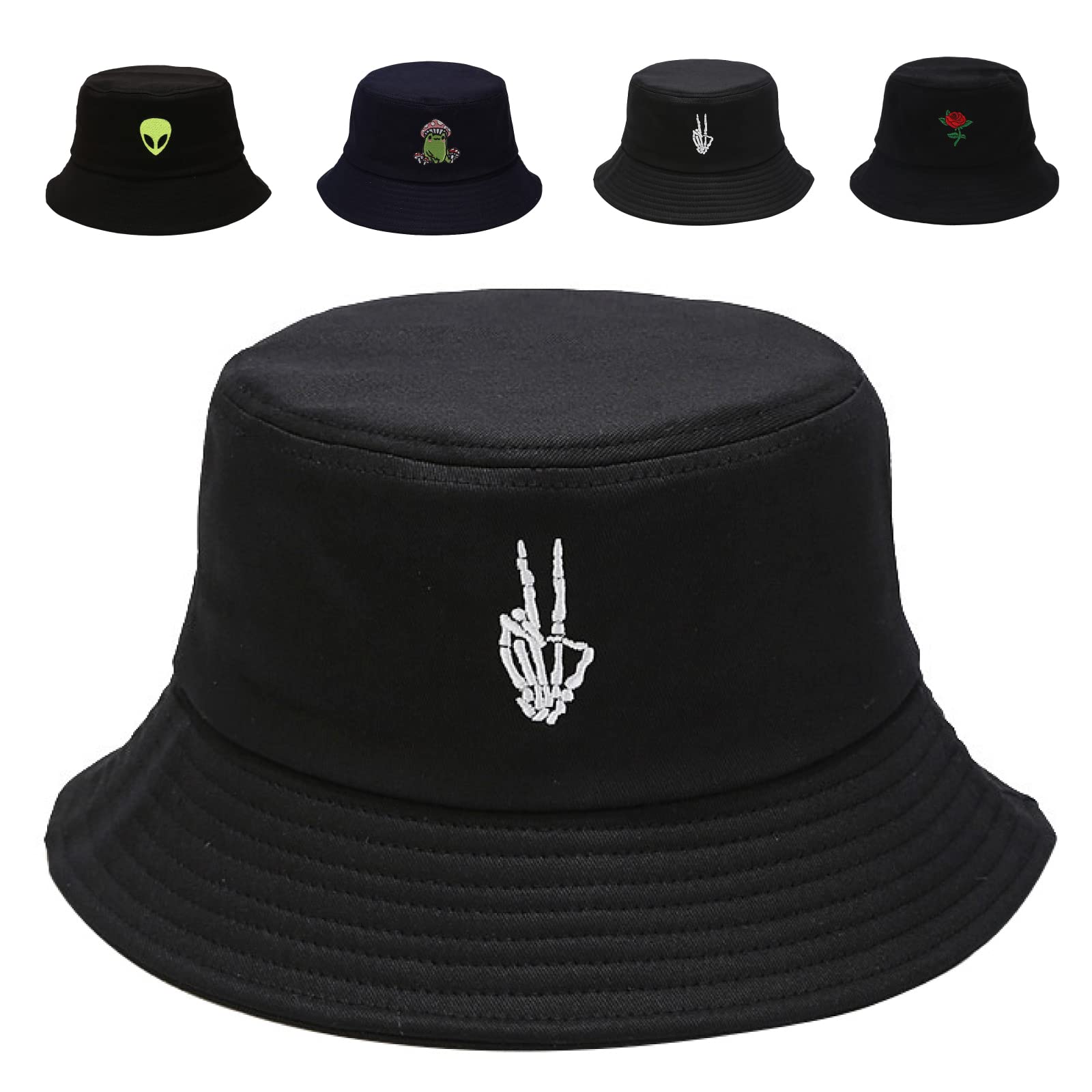 Cotton Bucket Hat for Women Men Summer Travel Sun Beach Bucket Cap, Unisex Outdoor Fisherman Hat (Skeleton Fingers Black)