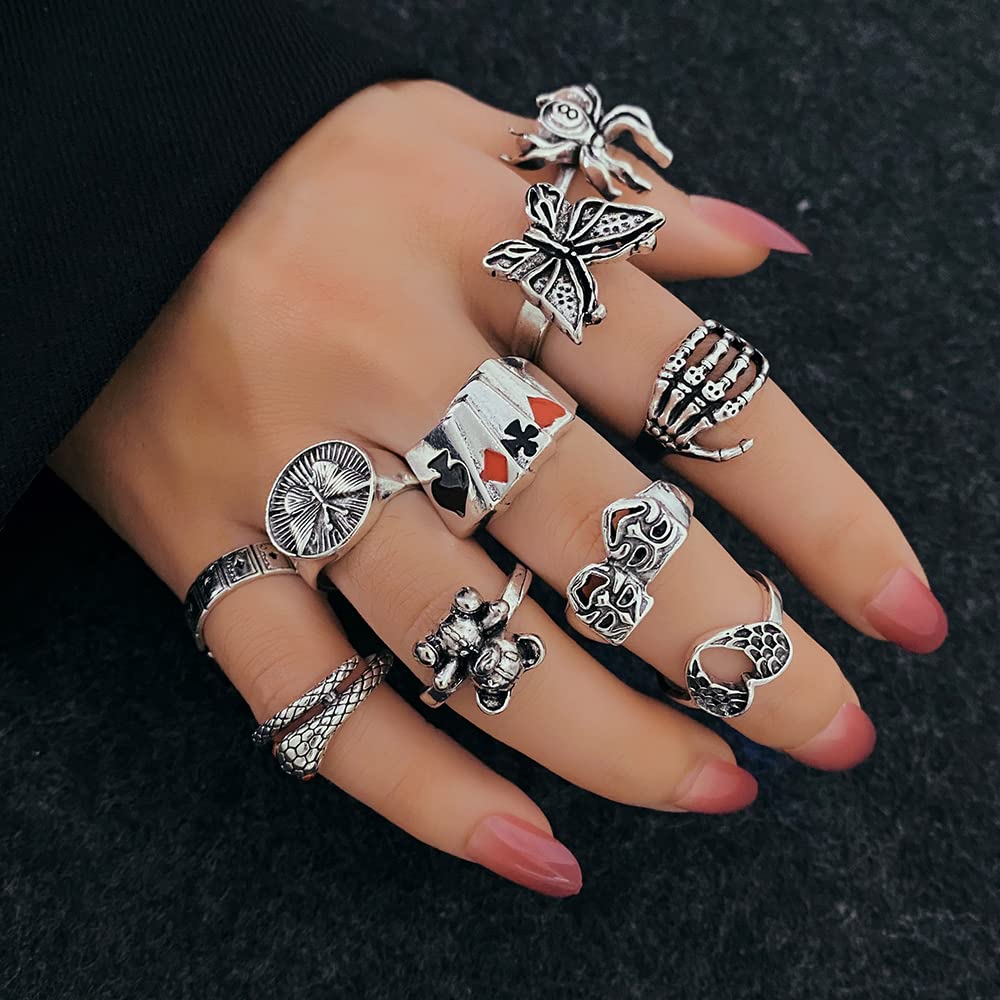 KISS WIFE Cool Rings Set for Women, Vintage Silver Punk Rings Bulk, Gothic Chunky Knuckle Emo Stackable Finger Ring Pack (Gothic)