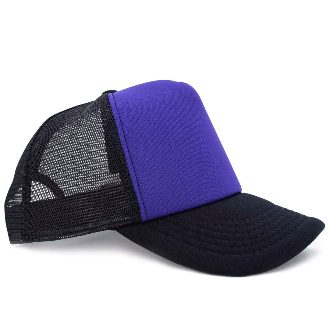 MONOFARBE High Crown Mesh Back Foam Trucker Hat Hip Hop Snapback 5 Panel Sports Baseball Cap Summer Surf Skateboard Hat (Purple)