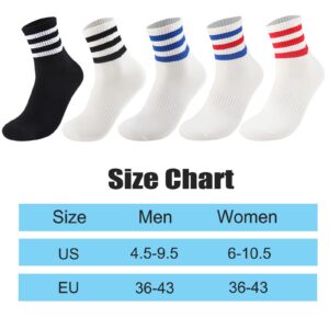 Ultrafun 5 Pairs Unisex Stripe Crew Socks Breathable Athletic Sports Gym School Casual Quarter Ankle Socks for Men Women (5Pairs White-black stripe)