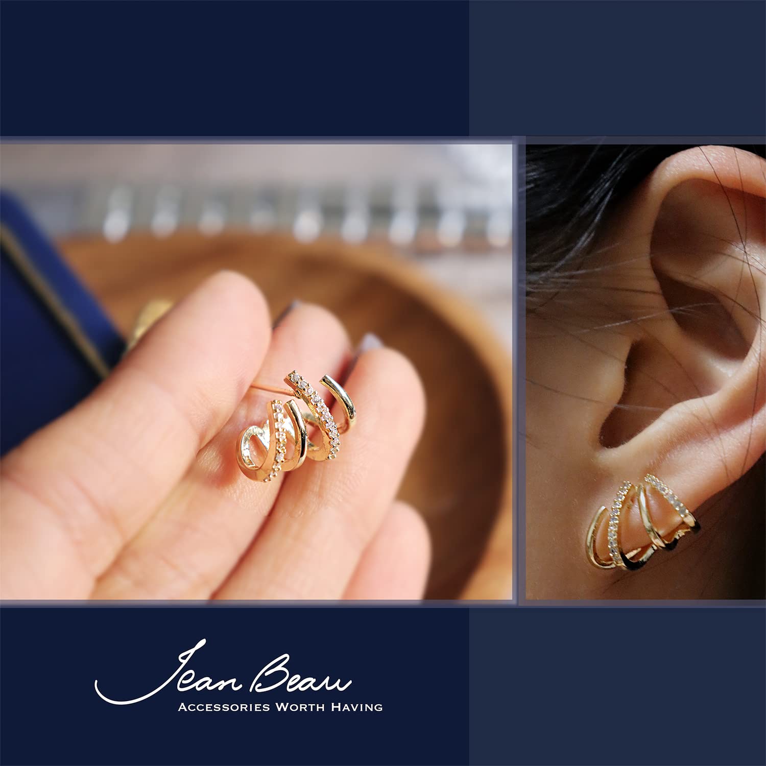 JeanBeau Small Gold Hoop Claw earrings for Women - Yellow Gold Silver Zircon Clip Wrap Stud for Pierced ear/Helix Cartilage Piercing Needles - Spring illusion Minimalist Trendy Ear Cuff