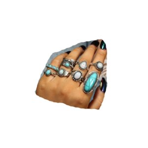 Octwine 8 Pcs Bohemian Silver Statement Knuckle Carved Rings Set Oval Green Turquoise Finger Ring Opal Midi Silver Rings Punk Ring Jewelry for Women