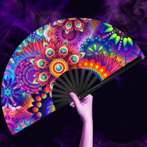 omytea uv glow rave fan foldable for women/men/drag queen - large clack festival folding hand fan - for edm, music festival, event, party, dance, performance (fantasy flowers)