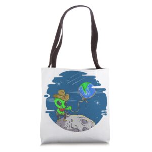 funny alien cowboy lasso rope earth outerspace galaxy boys tote bag