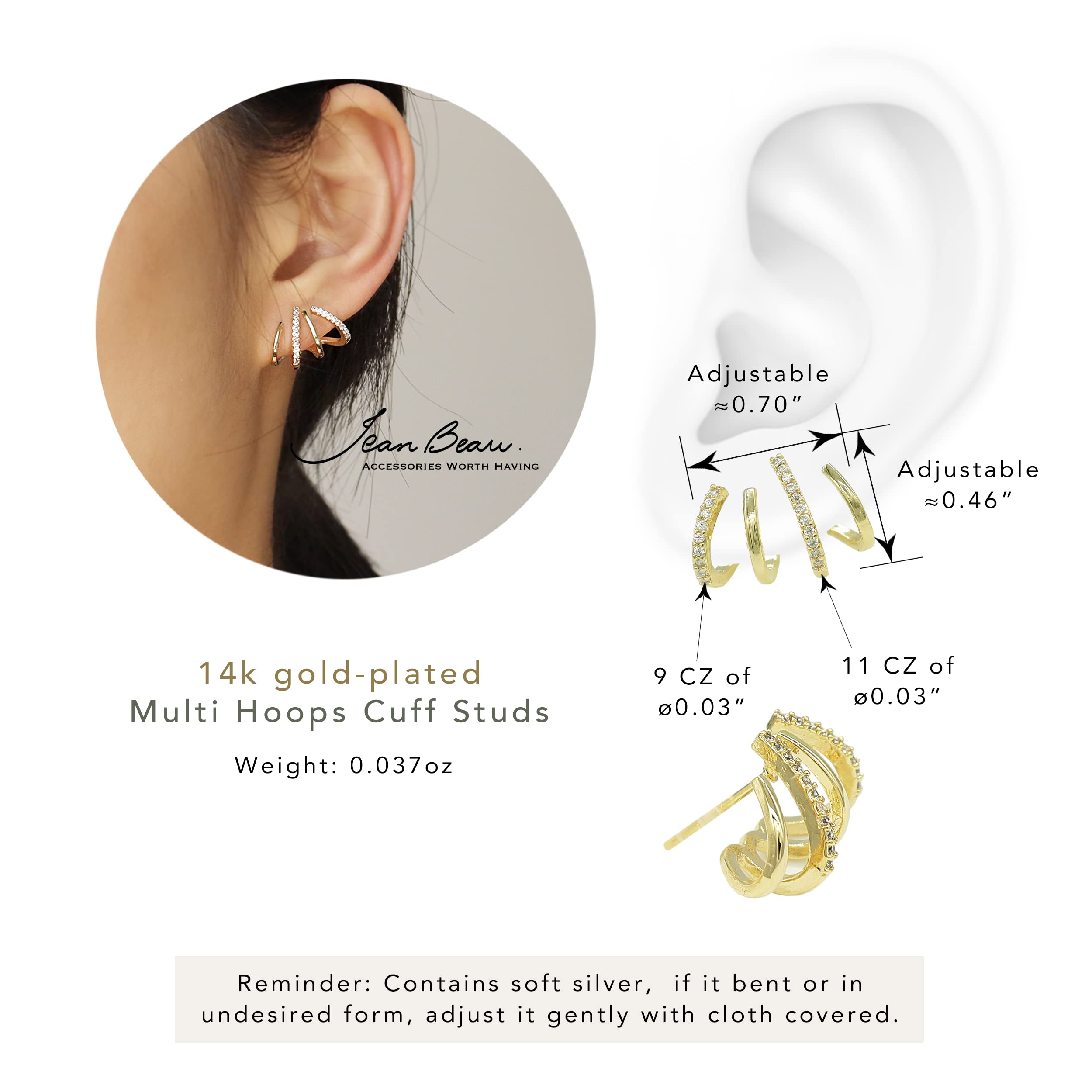 JeanBeau Small Gold Hoop Claw earrings for Women - Yellow Gold Silver Zircon Clip Wrap Stud for Pierced ear/Helix Cartilage Piercing Needles - Spring illusion Minimalist Trendy Ear Cuff