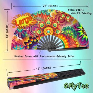 OMyTea UV Glow Rave Fan Foldable for Women/Men/Drag Queen - Large Clack Festival Folding Hand Fan - for EDM, Music Festival, Event, Party, Dance, Performance (Fantasy Flowers)