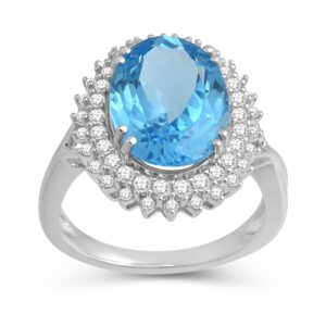 jewelili sterling silver 14x10 mm oval swiss blue topaz and round created white sapphire solitaire ring size 7