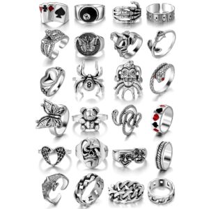 kiss wife cool rings set for women, vintage silver punk rings bulk, gothic chunky knuckle emo stackable finger ring pack (gothic)