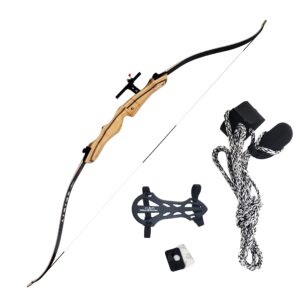 southland archery supply spirit jr 54" beginner youth bow set with target sight, armguard, stringer, and stick on arrow rest (14 lbs, left handed - draw string with the left hand)