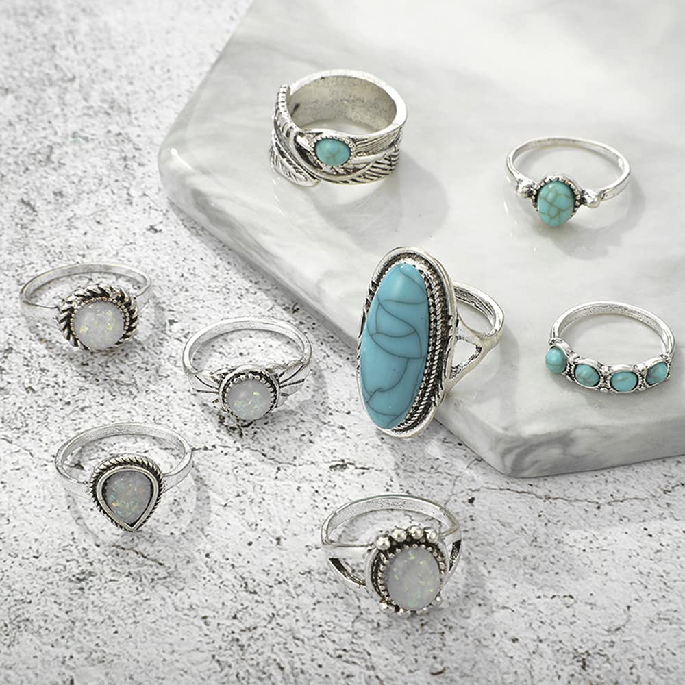 Octwine 8 Pcs Bohemian Silver Statement Knuckle Carved Rings Set Oval Green Turquoise Finger Ring Opal Midi Silver Rings Punk Ring Jewelry for Women